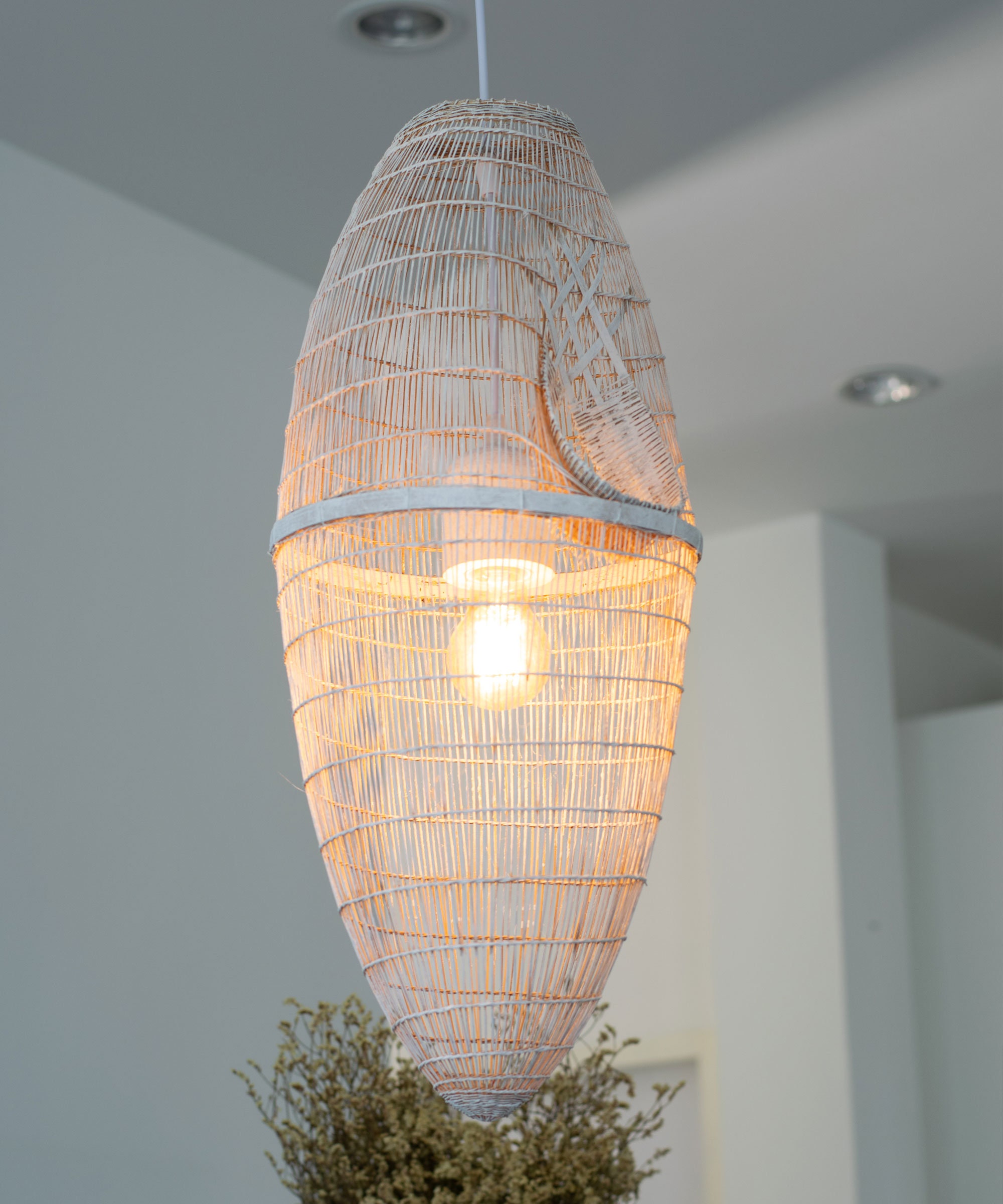 Whitewashed Bamboo Pendant Light – Woven Basket Lamp, Boho Rustic Decor ...