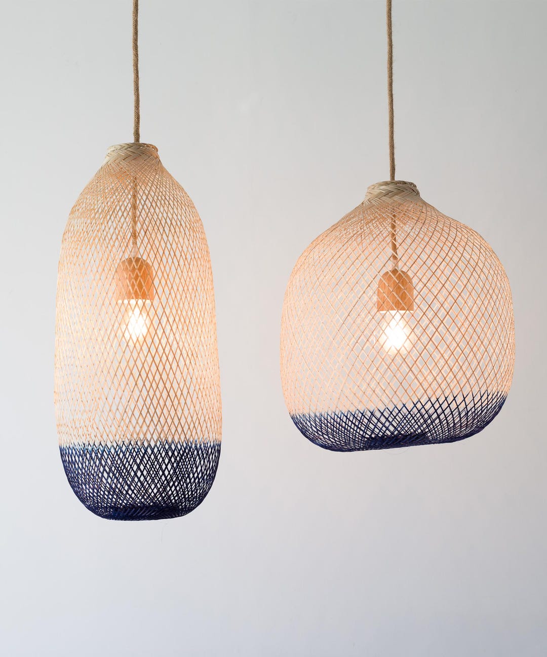 Bamboo Rattan Pendant Light: Navy Blue Flexible Artisan Fish Trap Lamp ...