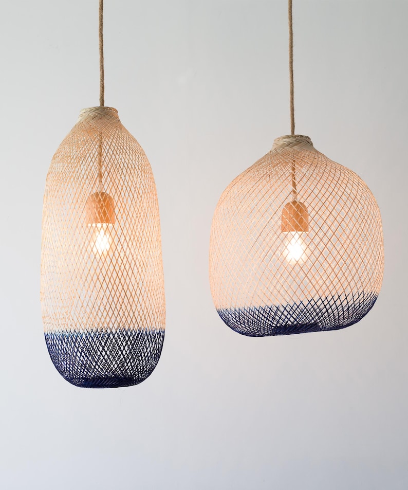 Bamboo Rattan Pendant Light: Navy Blue Flexible Artisan Fish Trap Lamp ...