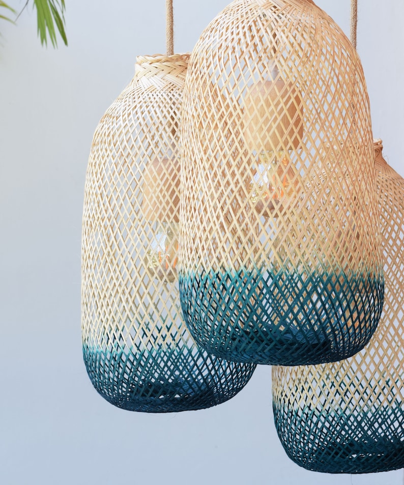 Cluster Bamboo Pendant Set - Teal Turquoise Baskets - Triple Drop ...