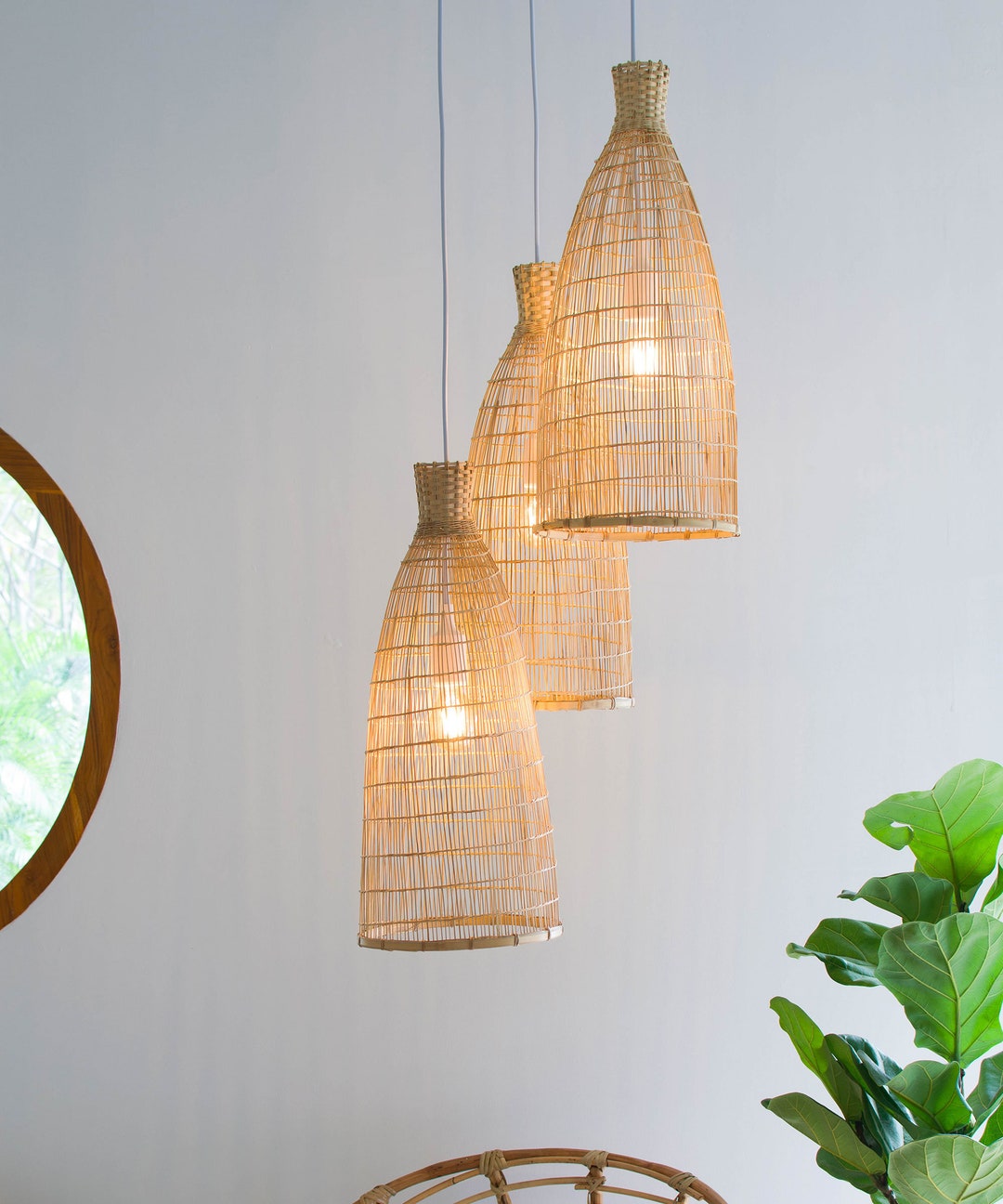 Tall Bamboo Pendant Light Cluster – Triple Drop Ceiling Canopy Lighting ...