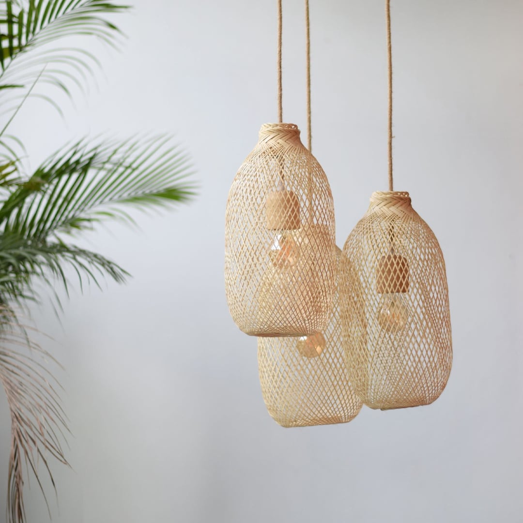 Cluster Set - 3 Bamboo Pendants Single Canopy Ceiling Plate Hardwire ...