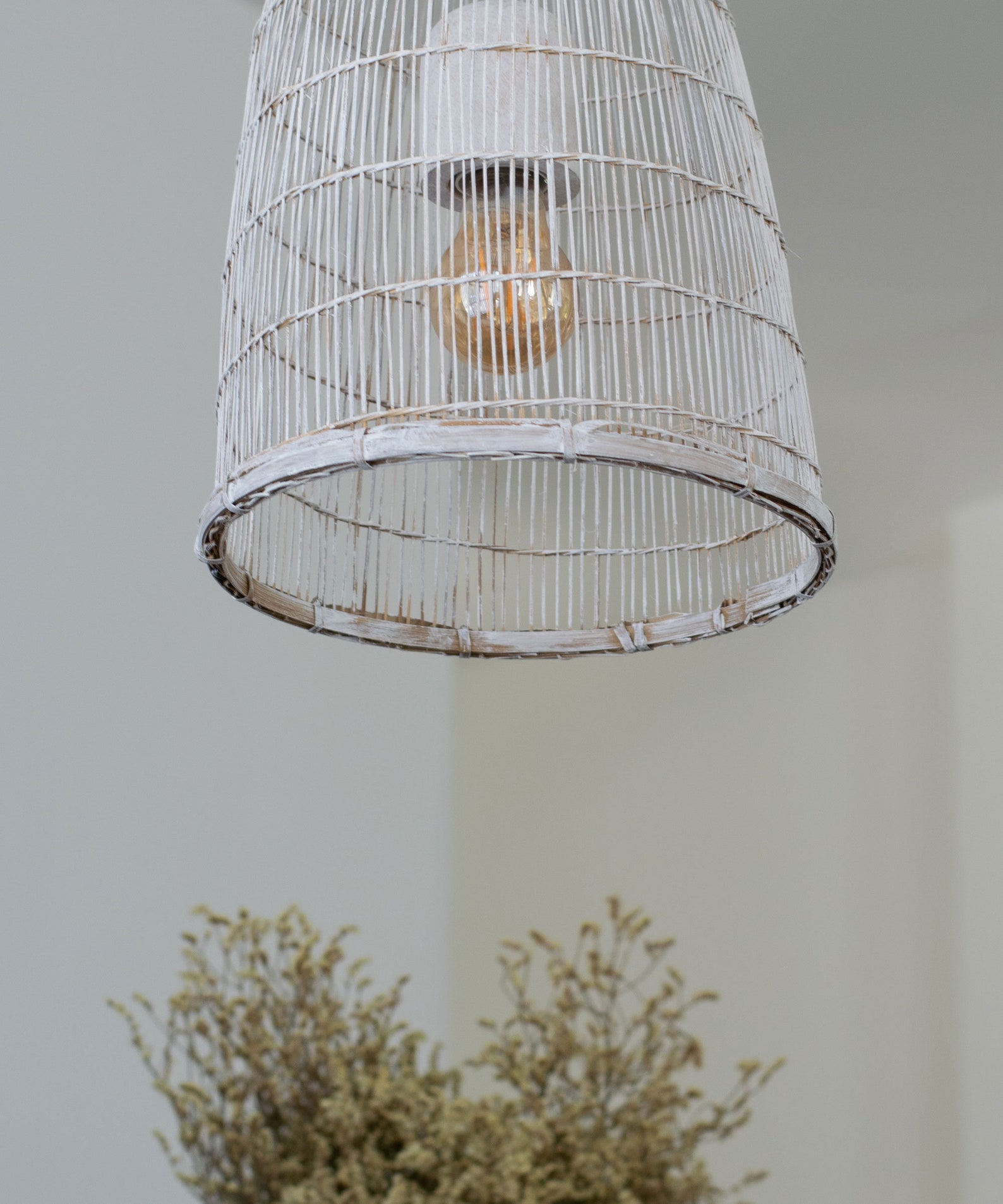 Whitewashed Bamboo Pendant Lamp, Small Rustic Woven Light - Etsy