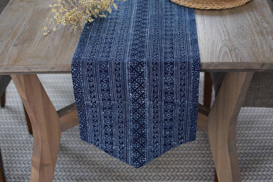 Custom Length Table Runner - Hill Tribe Indigo Batik Handwoven Cotton, Dark Blue, Navy, White ...