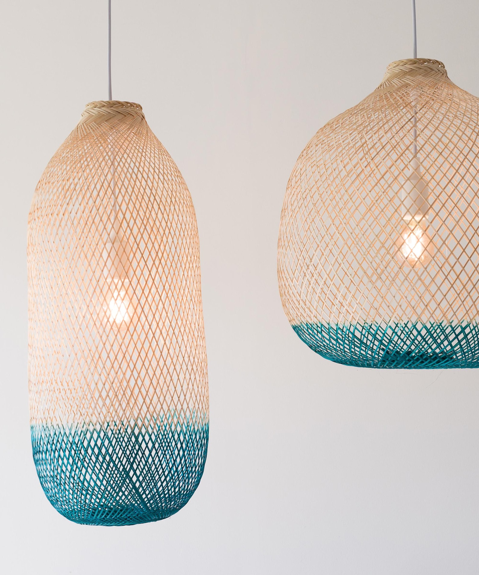 Hand-dyed Bamboo Pendant Light - Teal Turquoise Artisan Fish Trap Lamp ...