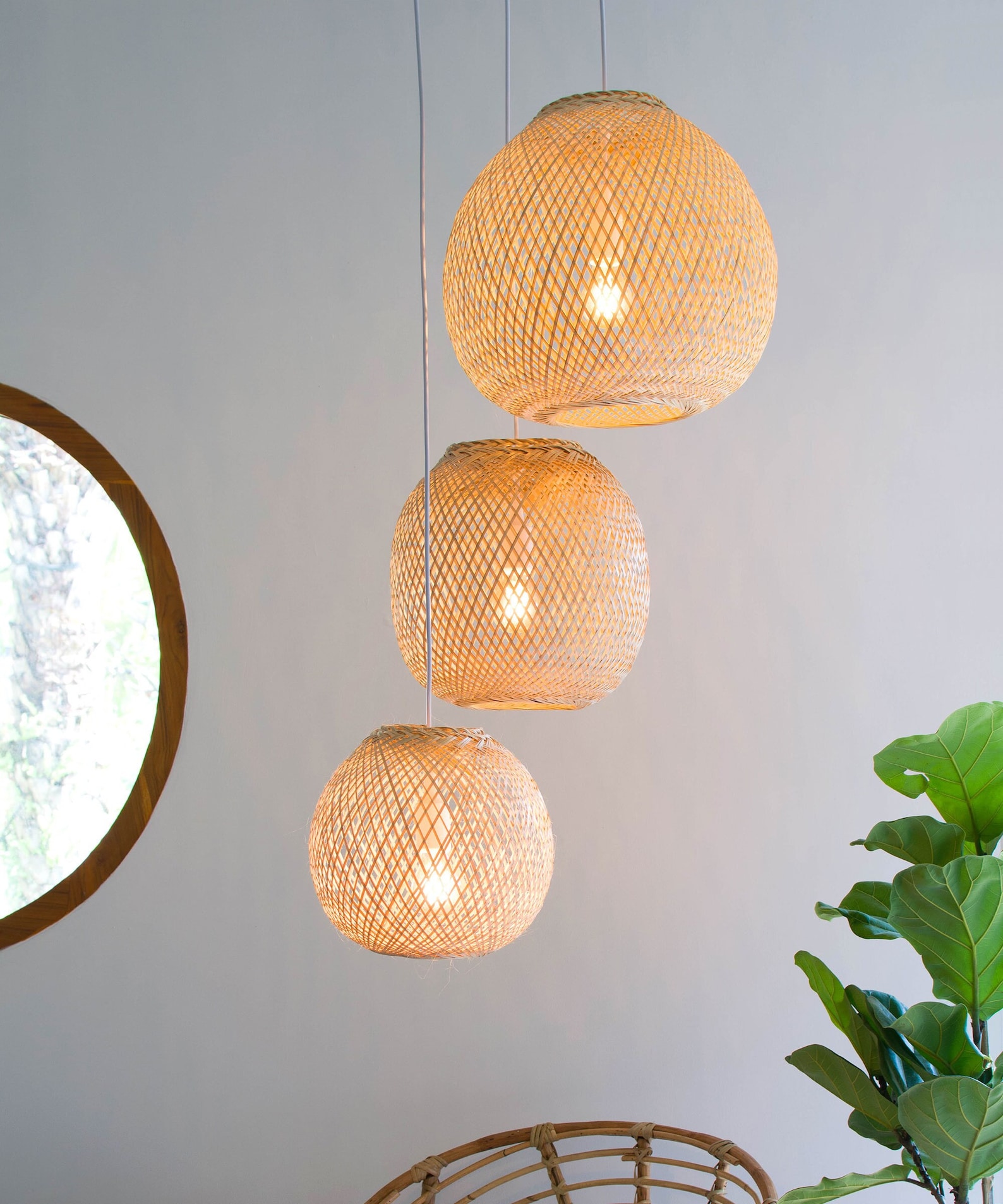 Bamboo Pendant Light – Triple Sphere Cluster, Woven Hanging Lamp - Etsy