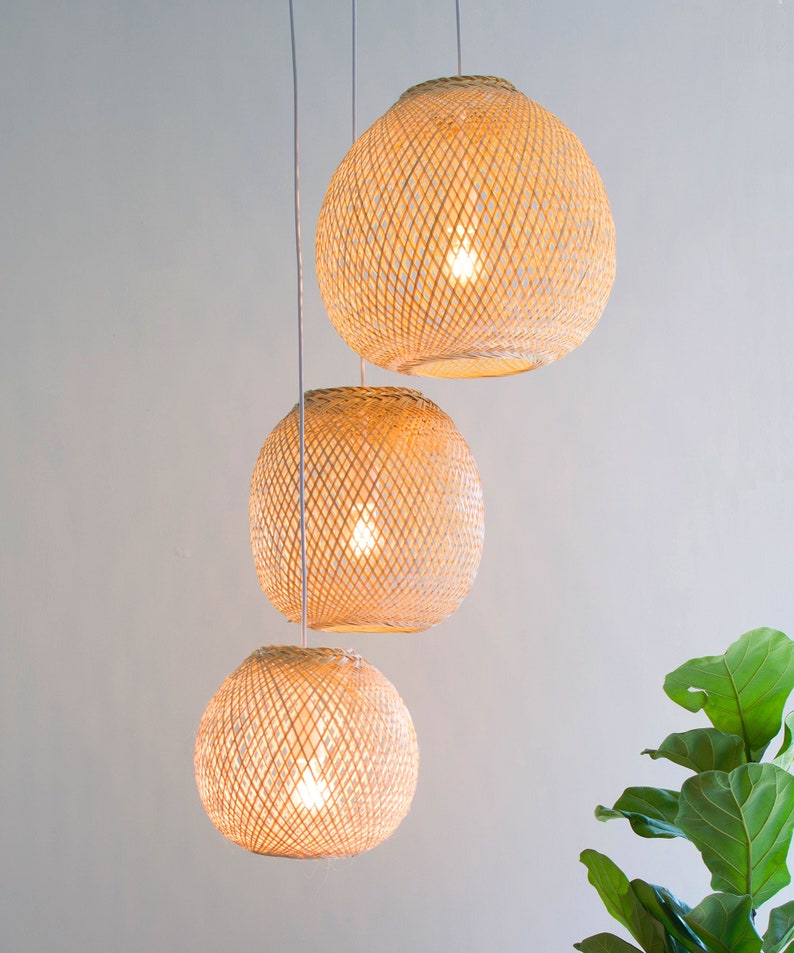 Bamboo Pendant Light – Triple Sphere Cluster, Woven Hanging Lamp - Etsy