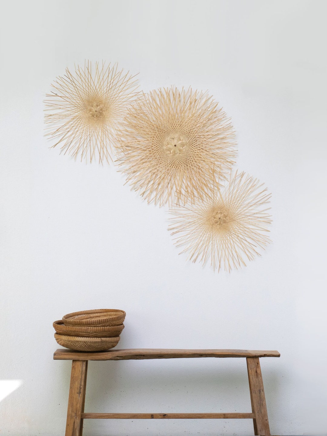 Set of 3 Hand Woven Bamboo Wall Decor - Round Circle Thatched Wood ...