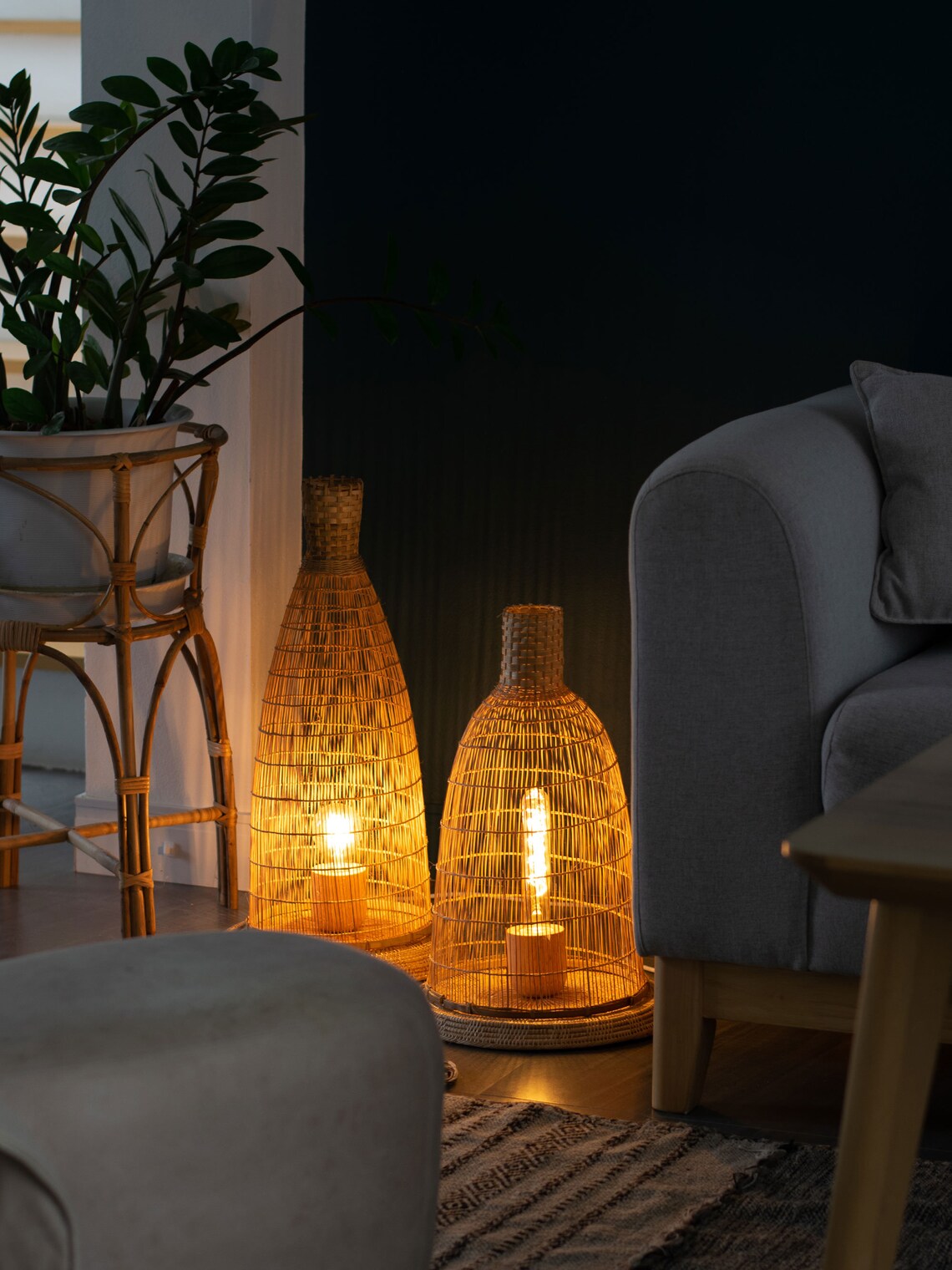 Standing Bamboo Lamp - Handmade Wooden Floor Bedside Light Thai Fishing ...