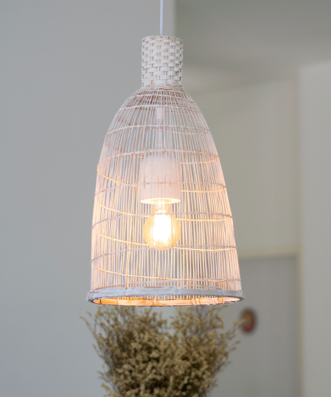 Whitewashed Bamboo Pendant Lamp, Small Rustic Woven Light - Etsy