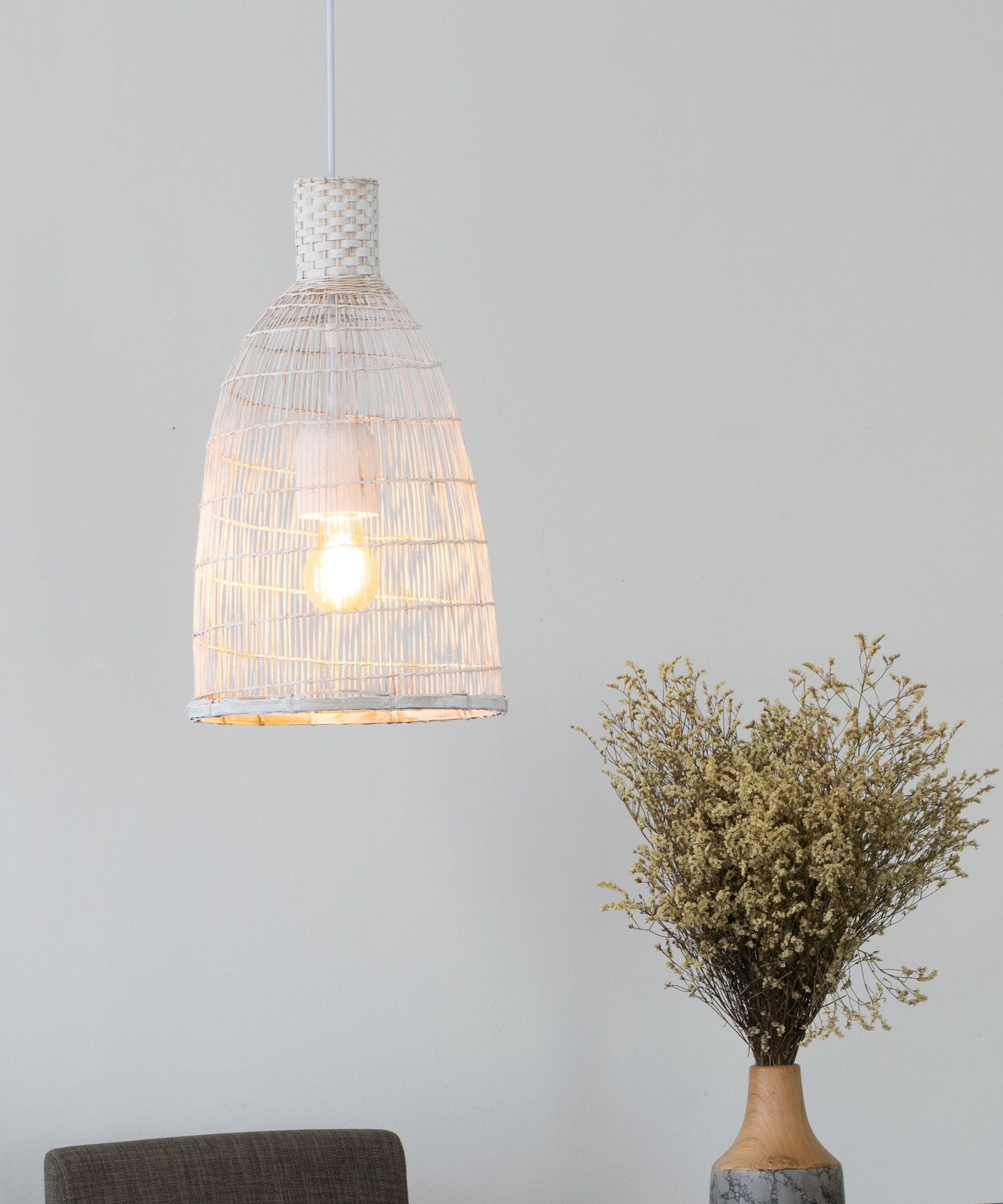 Whitewashed Bamboo Pendant Lamp, Small Rustic Woven Light - Etsy