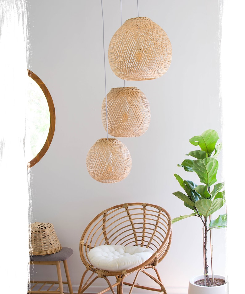 Bamboo Pendant Light – Triple Sphere Cluster, Woven Hanging Lamp - Etsy