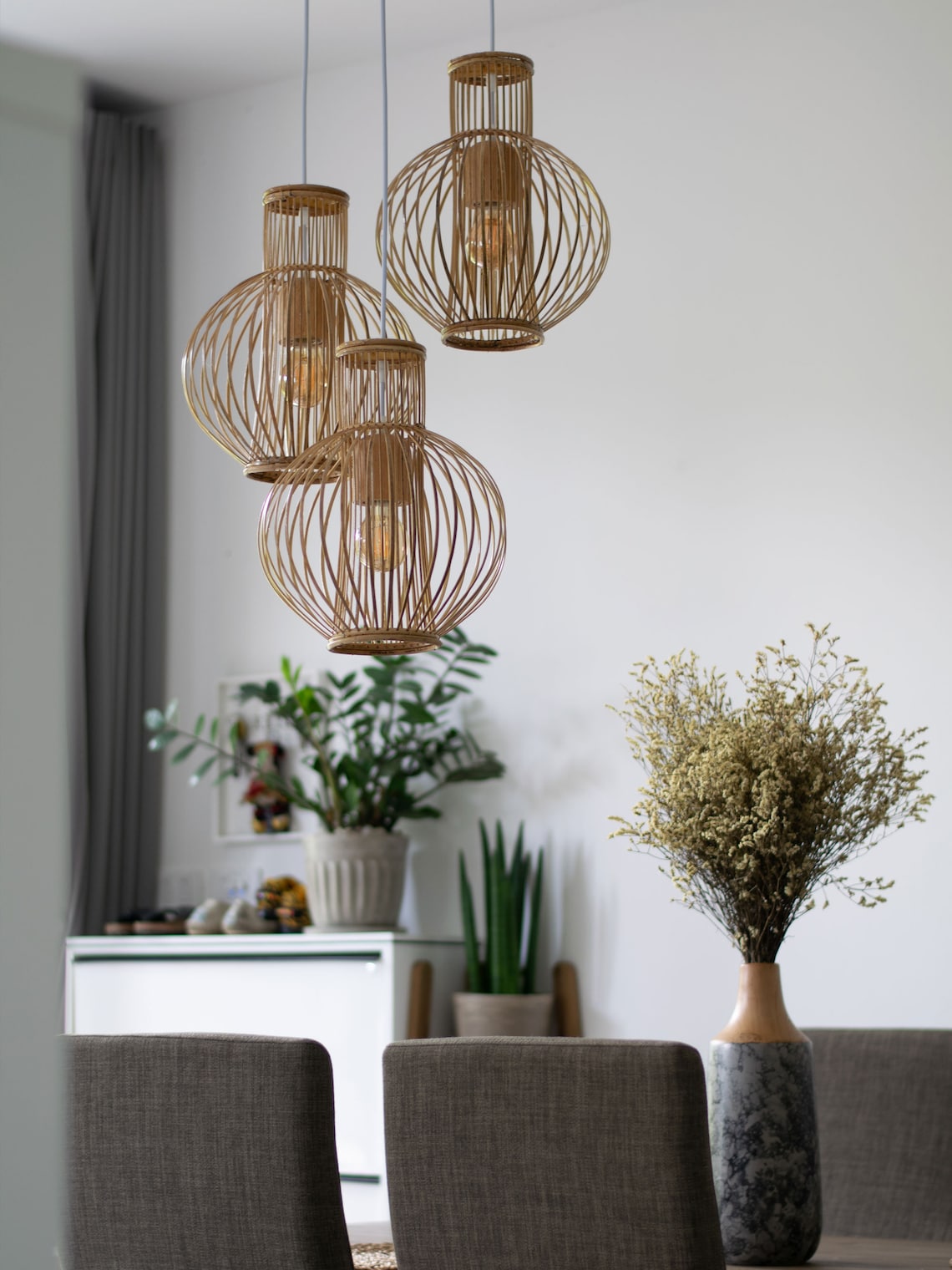 Set of 3 Triple Drop Canopy Bamboo Rattan Pendant Light - Etsy