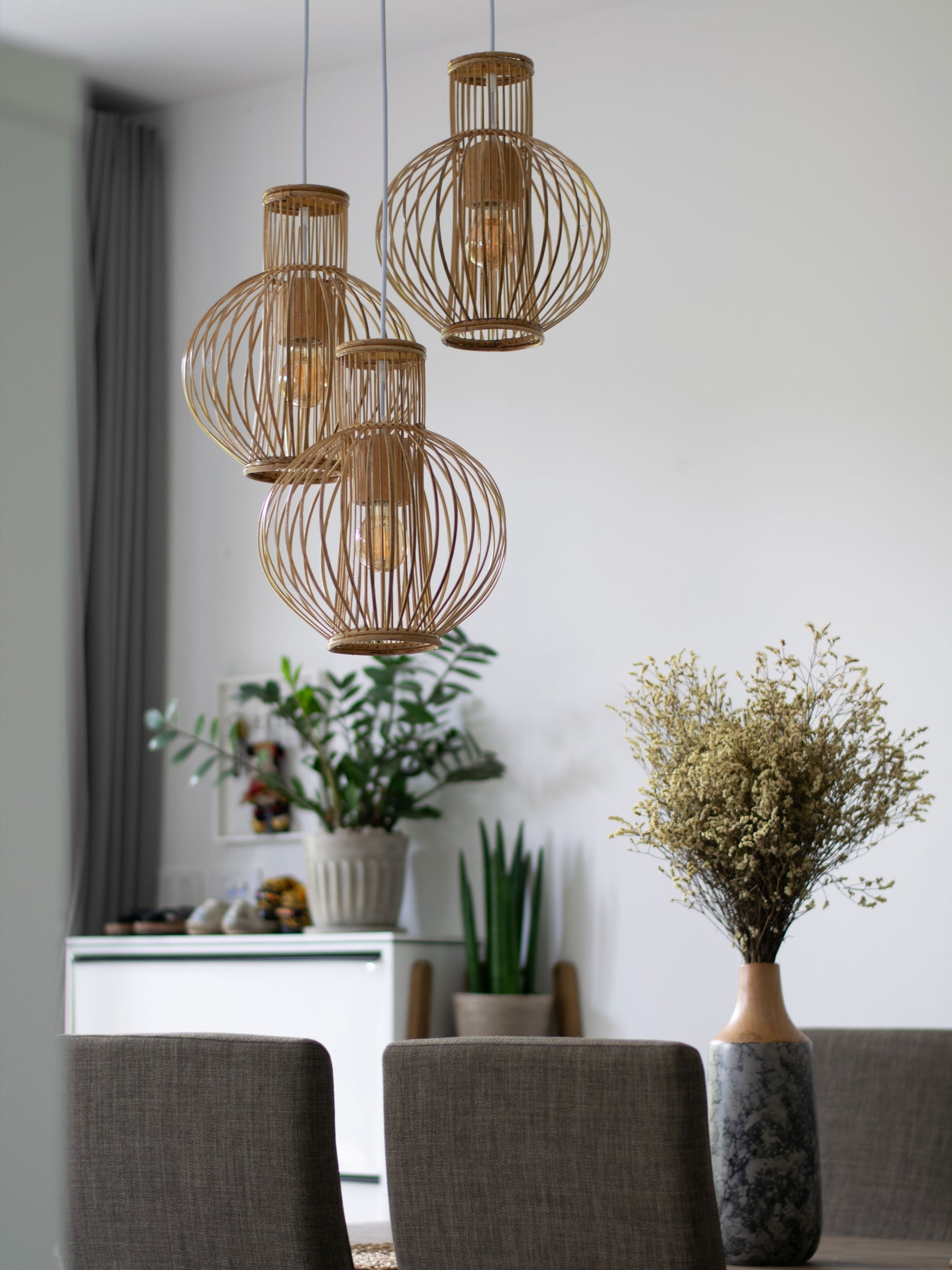 Handmade Rattan Basket Pendant Light – Triple Drop Ceiling Cluster ...