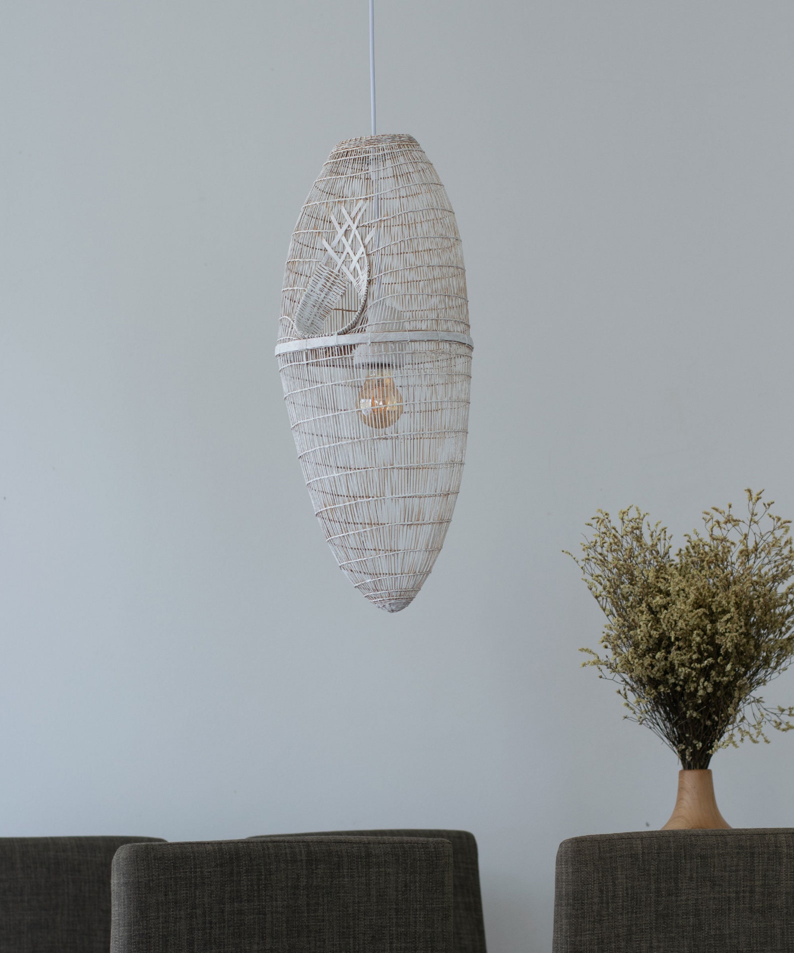 Whitewashed Bamboo Pendant Light – Woven Basket Lamp, Boho Rustic Decor ...