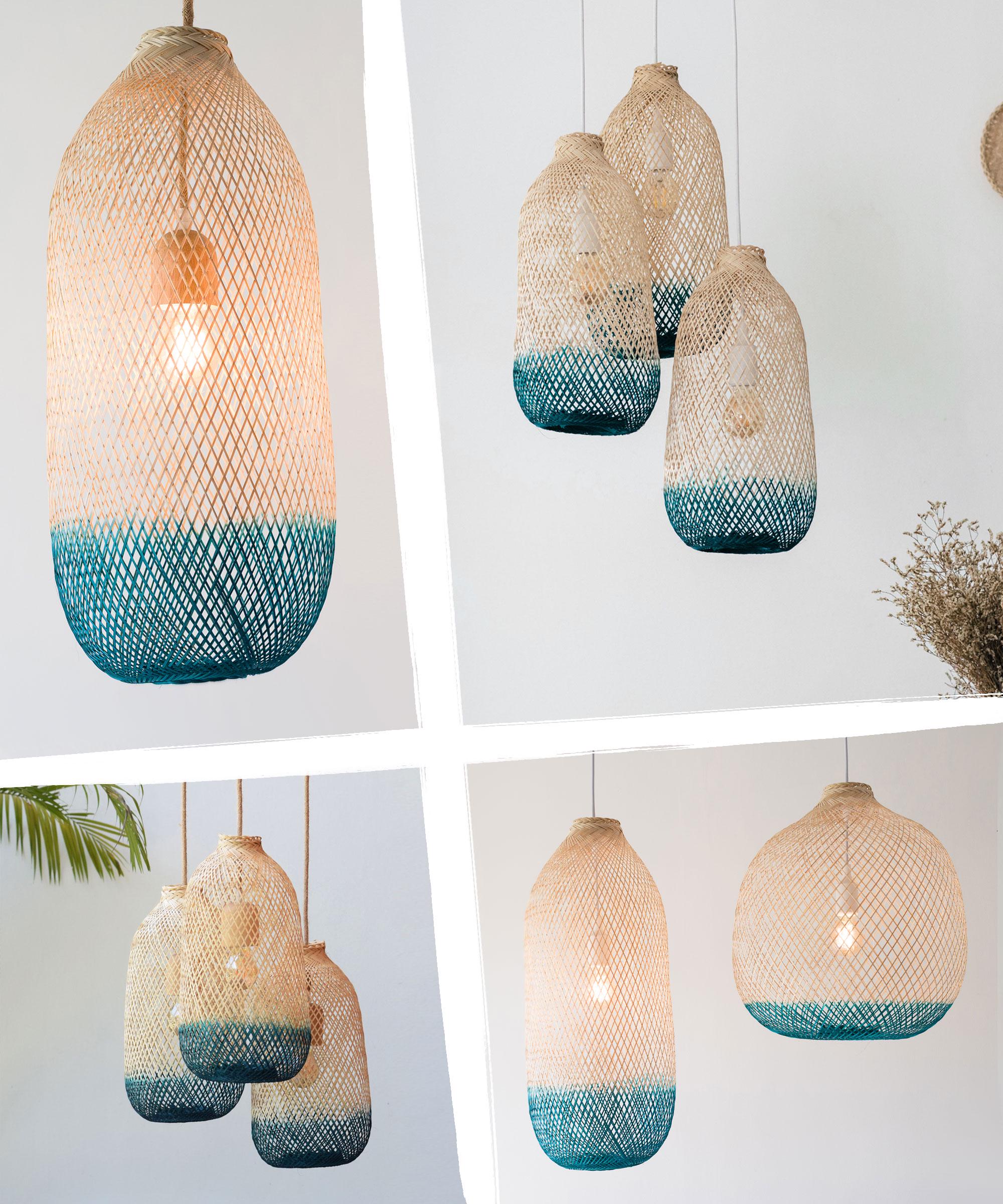Hand-dyed Bamboo Pendant Light - Teal Turquoise Artisan Fish Trap Lamp ...