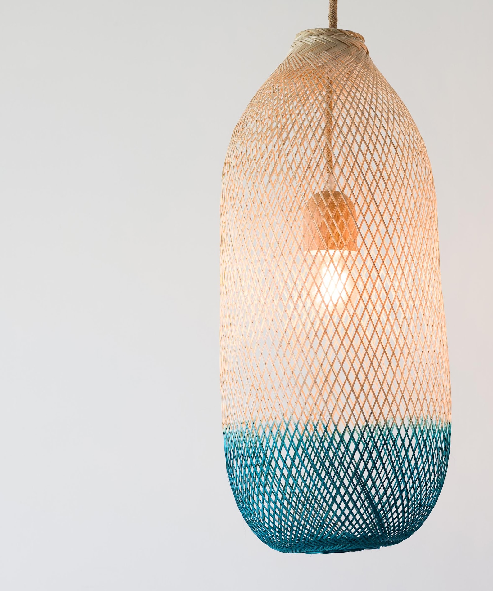 Hand-dyed Bamboo Pendant Light - Teal Turquoise Artisan Fish Trap Lamp ...