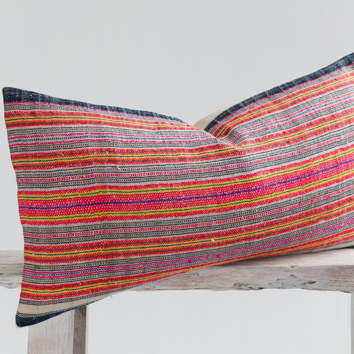 Handwoven Hmong Lumbar Pillow Cover: Vintage Hill Tribe Fabric, Striped ...