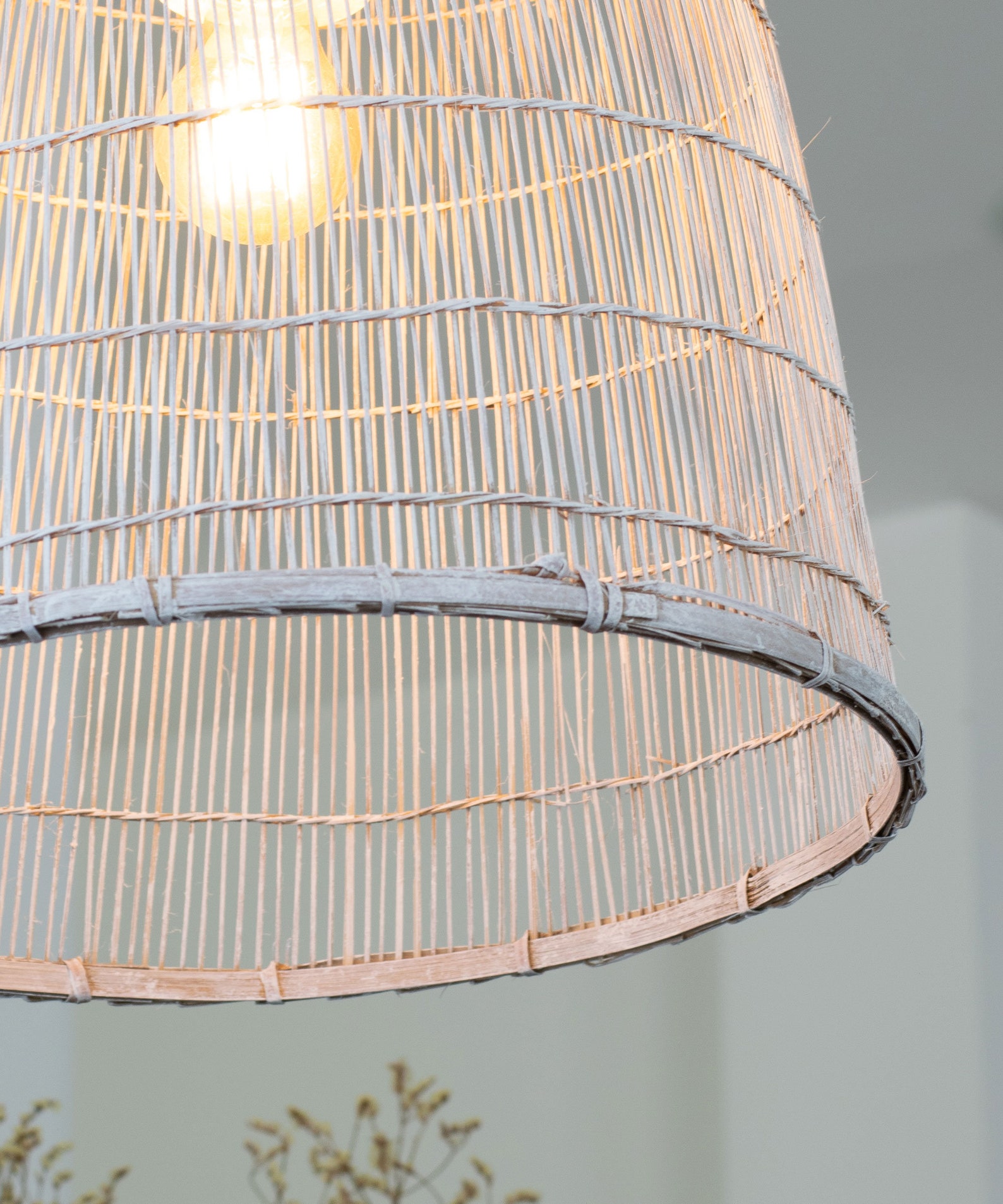 White Bamboo Pendant Light, Whitewashed Woven Basket Lamp, Boho Rustic ...