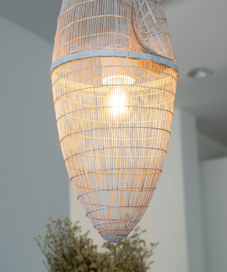 Whitewashed Bamboo Pendant Light – Woven Basket Lamp, Boho Rustic Decor ...