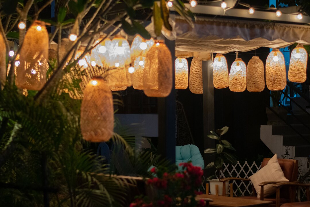 Outdoor Lighting Set - Bamboo Pendant String Lights Weatherproof ...