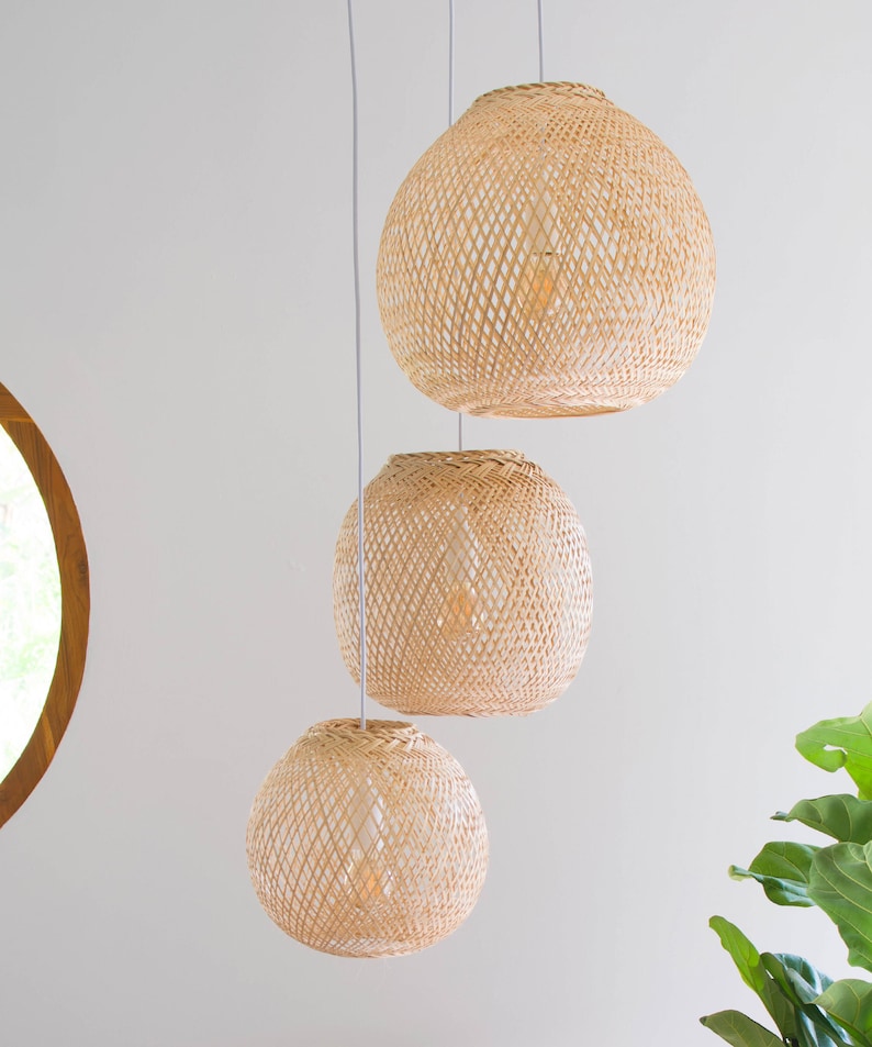 Bamboo Pendant Light – Triple Sphere Cluster, Woven Hanging Lamp - Etsy