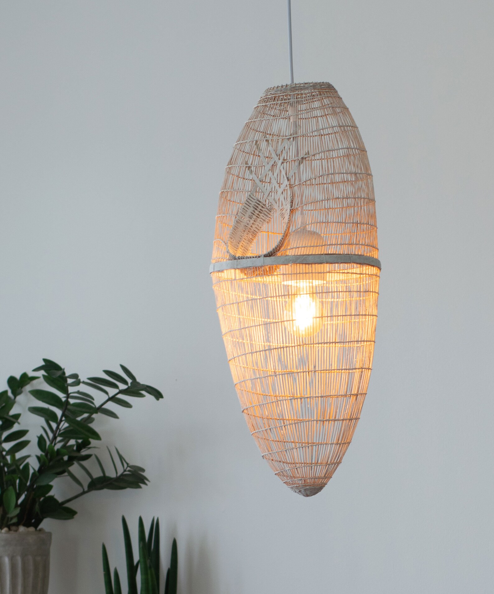 Whitewashed Bamboo Pendant Light – Woven Basket Lamp, Boho Rustic Decor ...