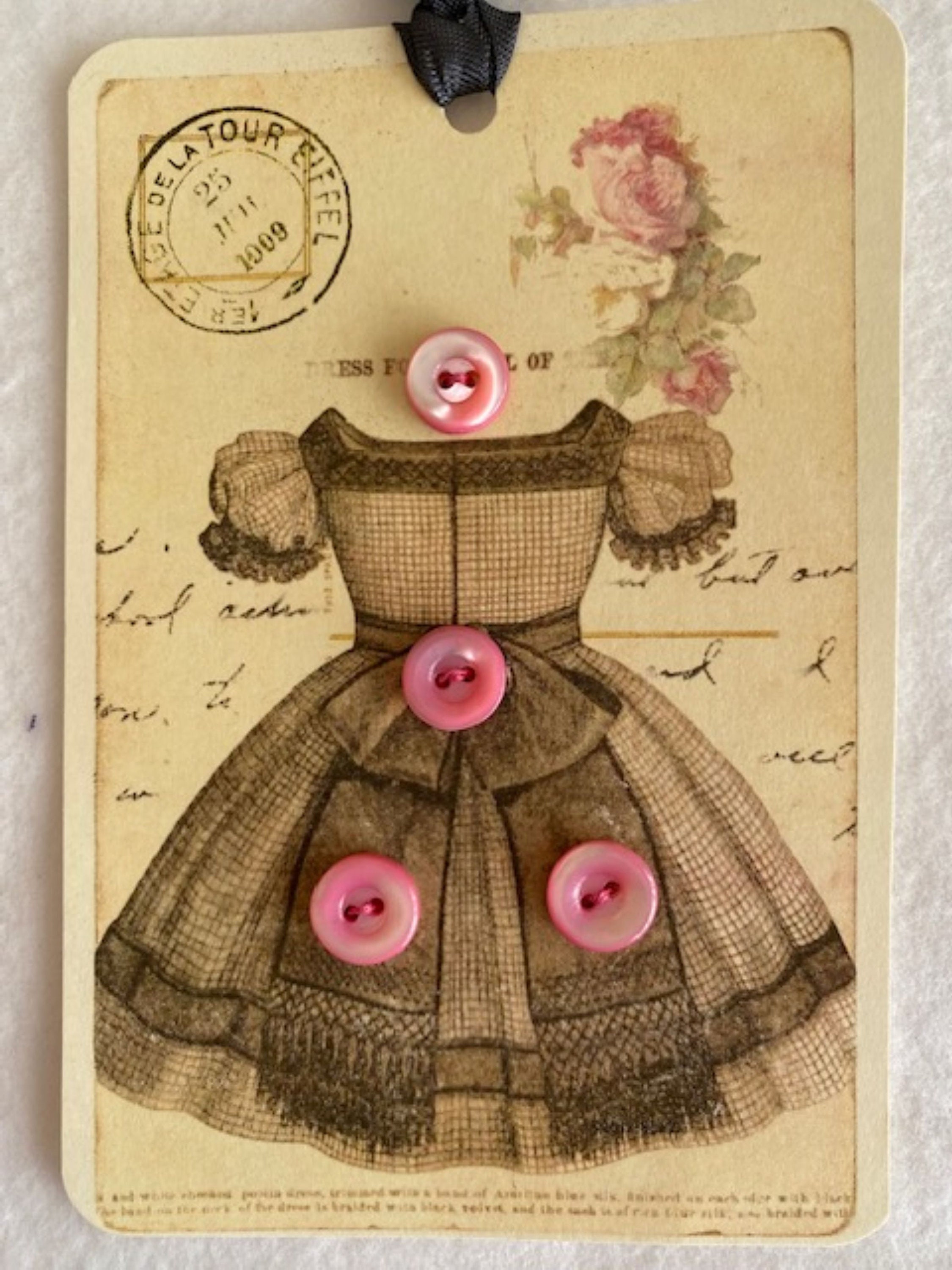 Button Art Card, Upcycled Vintage Buttons, 1940s Hot Pink Mother of ...