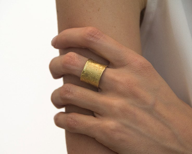 18k Gold Wide Wedding Band, Cigar Band, Women's Engraved Statement Ring ...