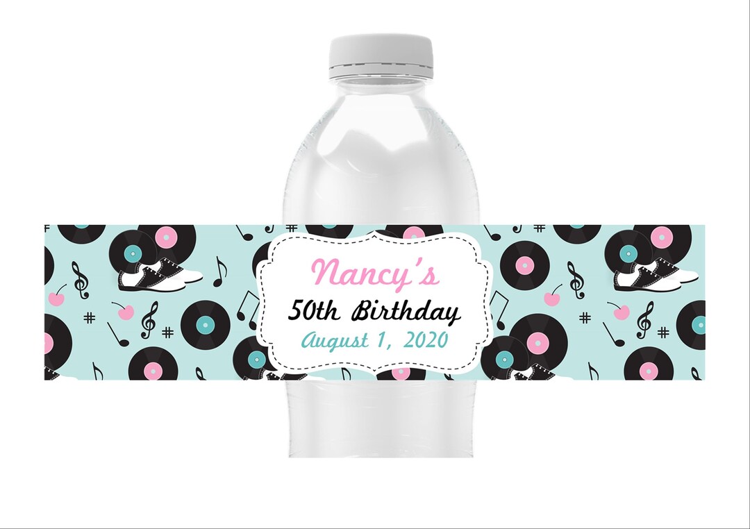 Retro 50s Party Water Bottle Labels, Personalized Birthday Party Favors ...