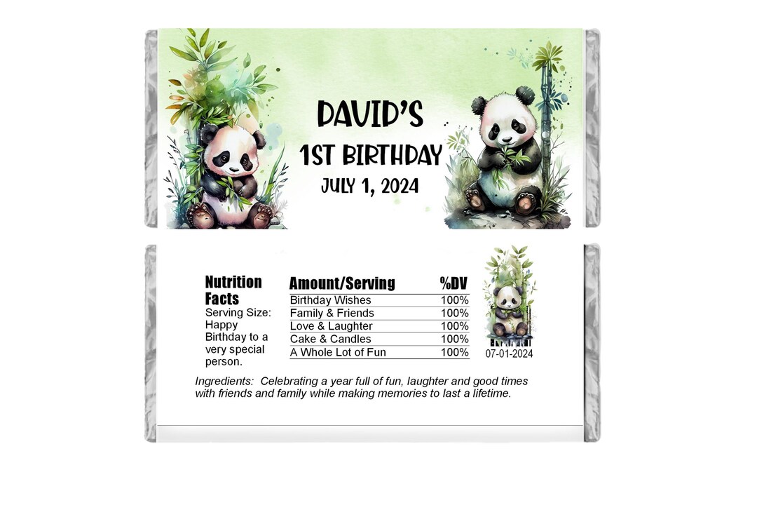 Panda Personalized Candy Wrappers, Kids Birthday Party Favors, Pack of ...