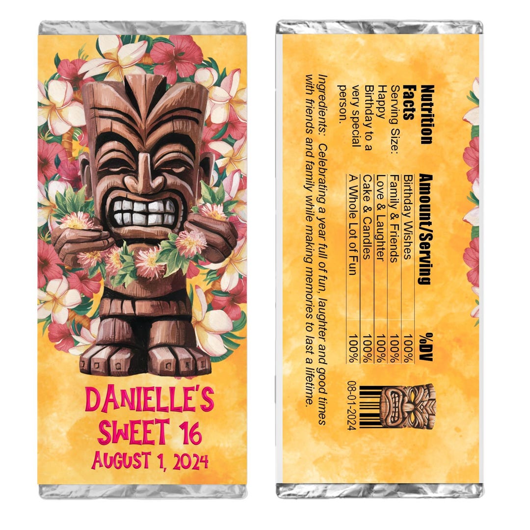 Tiki Statue Personalized Candy Wrappers, Luau Birthday Party Favors ...