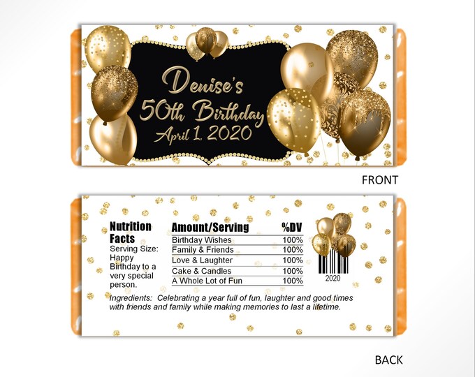 Personalized Candy Bar Wrappers, Gold Birthday Party Favors, Custom ...