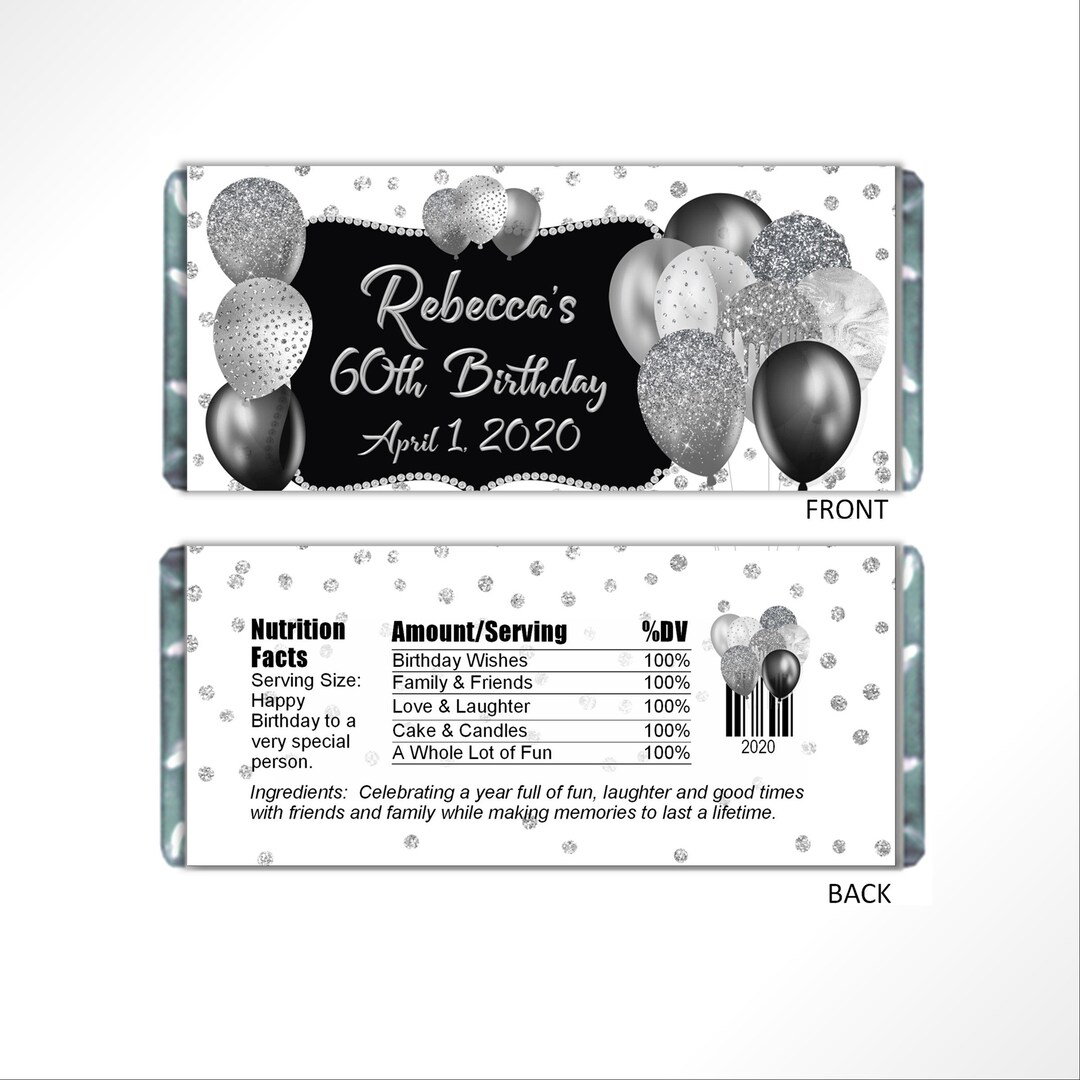 Personalized Candy Bar Wrappers, Silver Birthday Party Favors, Custom ...