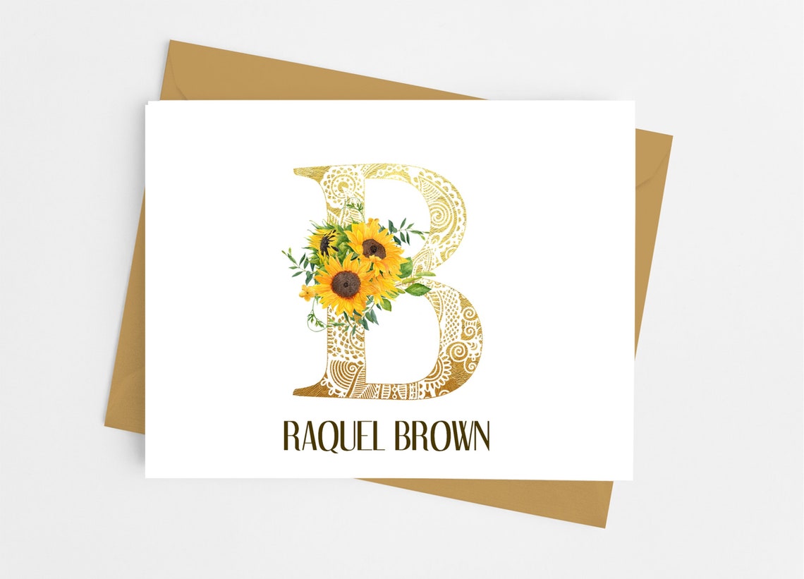 Sunflower Single Initial Monogram Note Cards, Customized Stationary ...