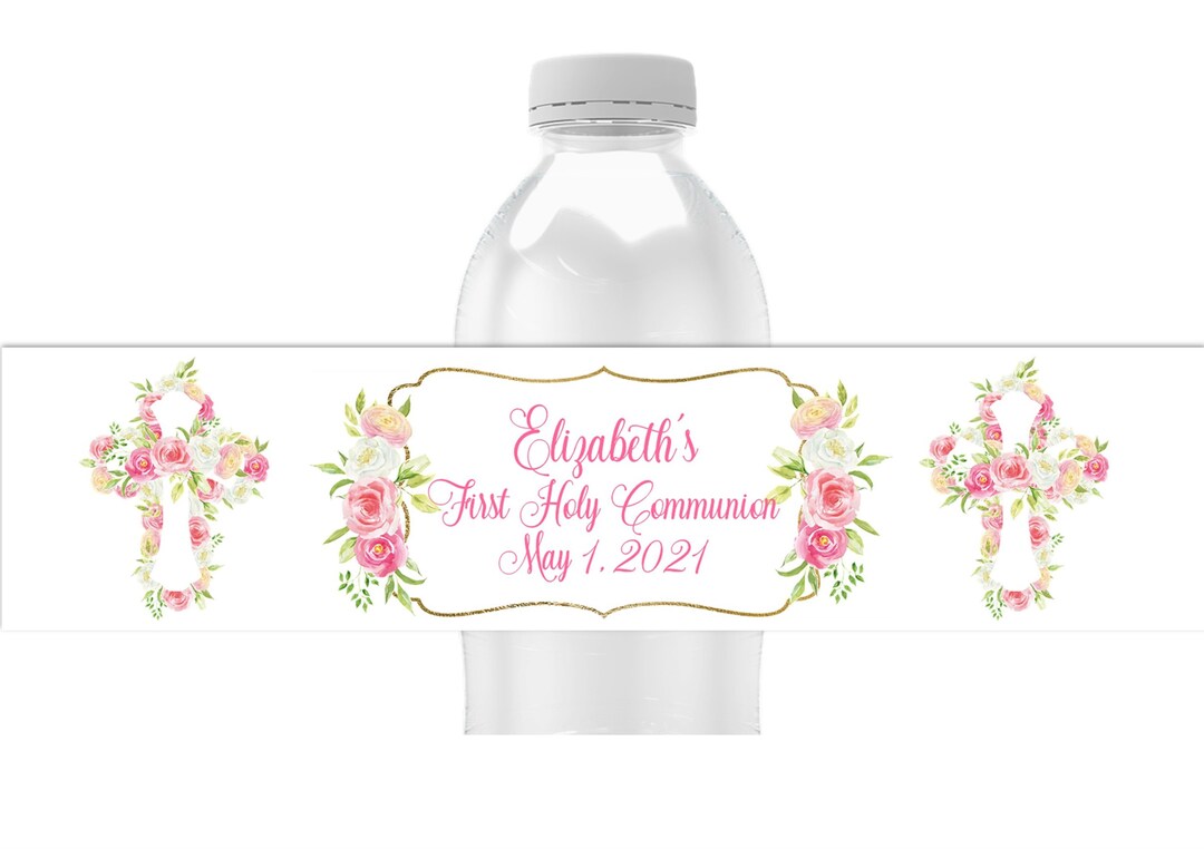 Pink Floral Religious Cross Water Bottle Labels, Personalized Custom ...