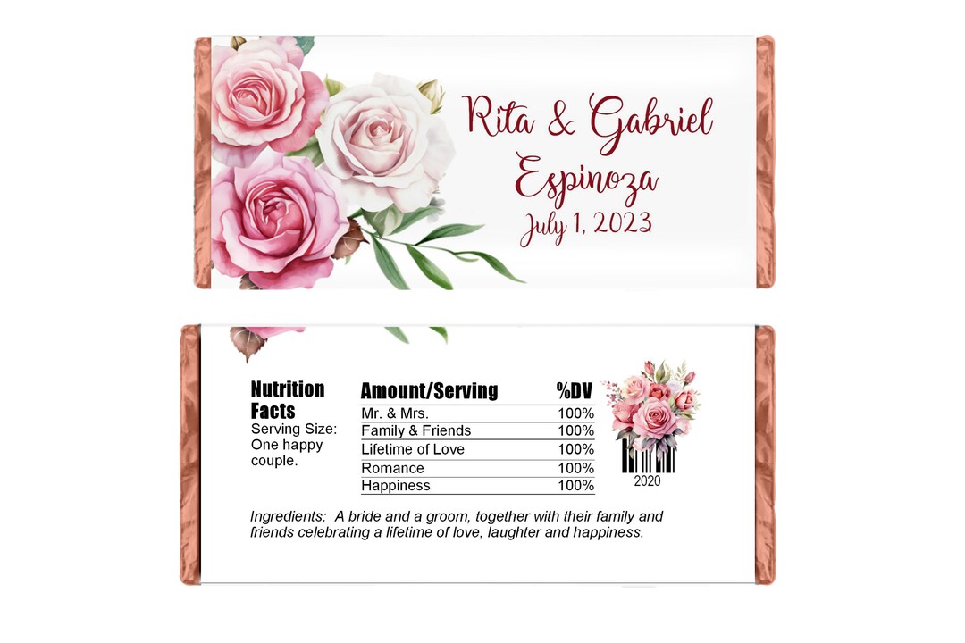 Pink Roses Personalized Candy Wrappers for Chocolate, Floral Party ...