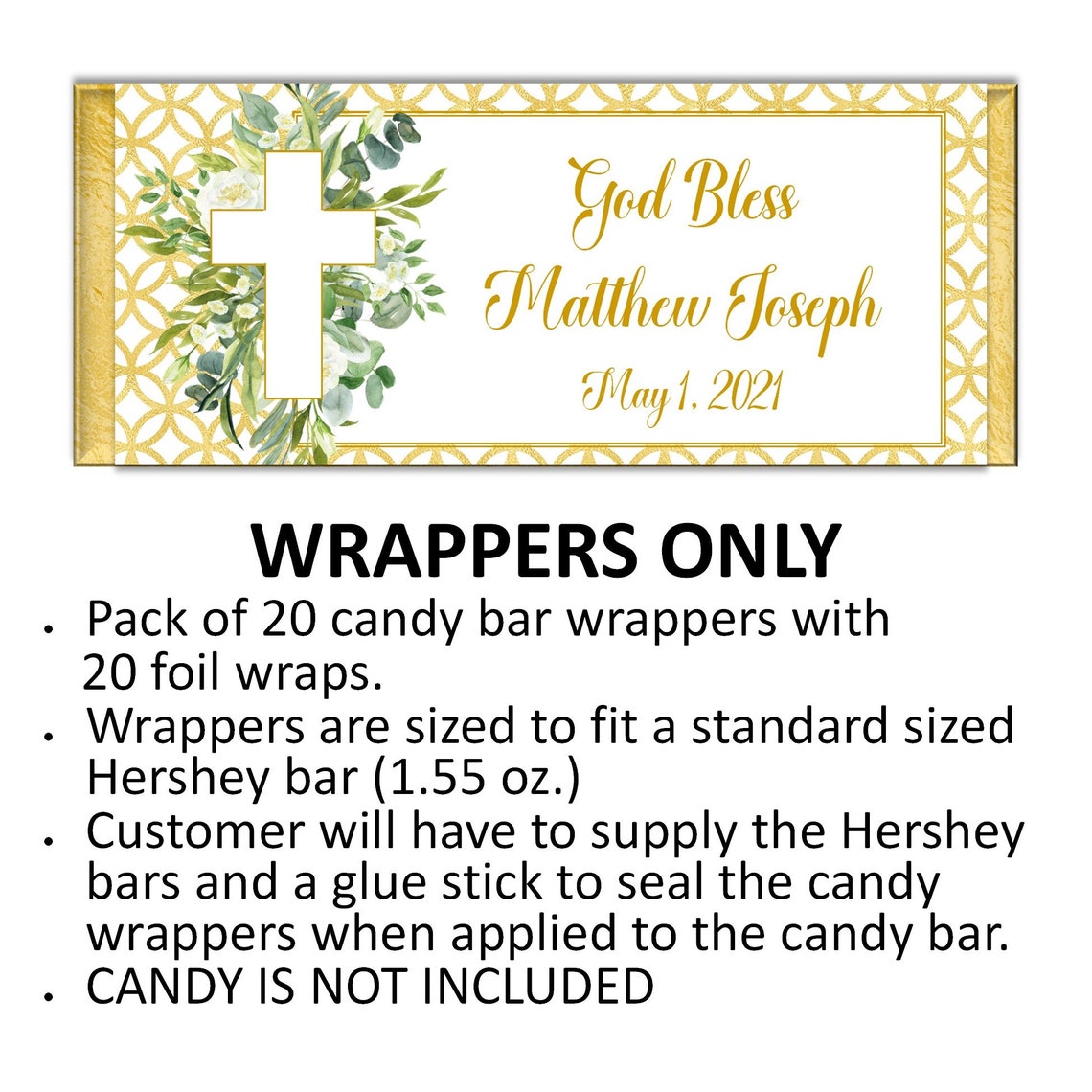 Religious Candy Bar Wrapper, Cross With Greenery, Catholic Candy ...