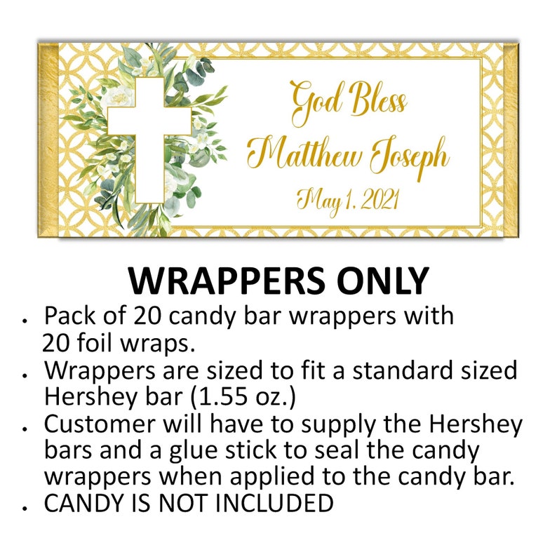 Religious Candy Bar Wrapper, Cross With Greenery, Catholic Candy ...
