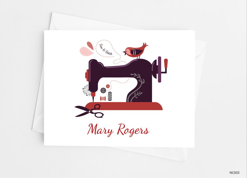Retro Sewing Machine Note Cards, Set of 10 Personalized Blank Folded ...