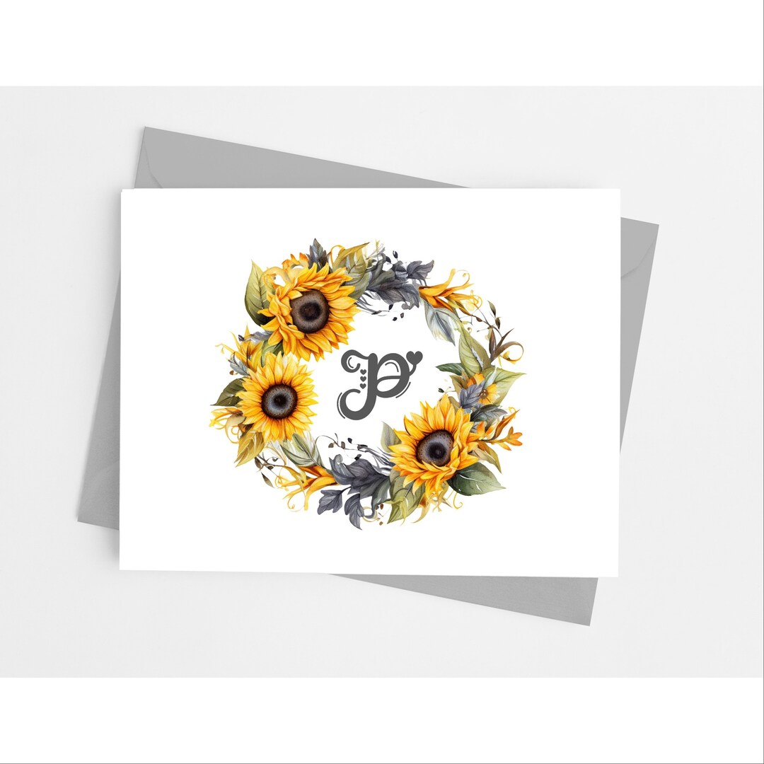 Sunflower Single Initial Note Cards With Envelopes, Personalized Floral ...