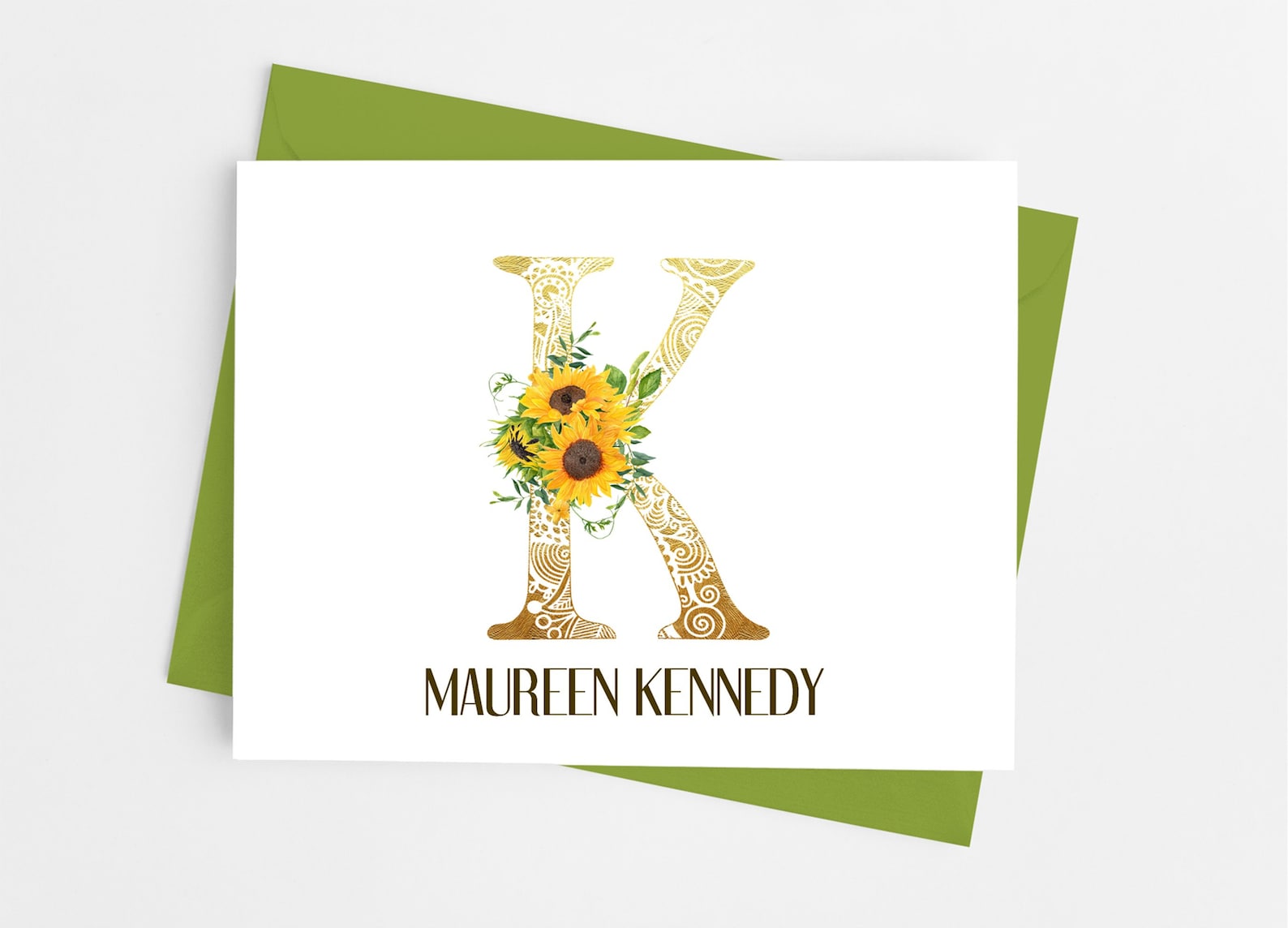 Sunflower Single Initial Monogram Note Cards, Customized Stationary ...