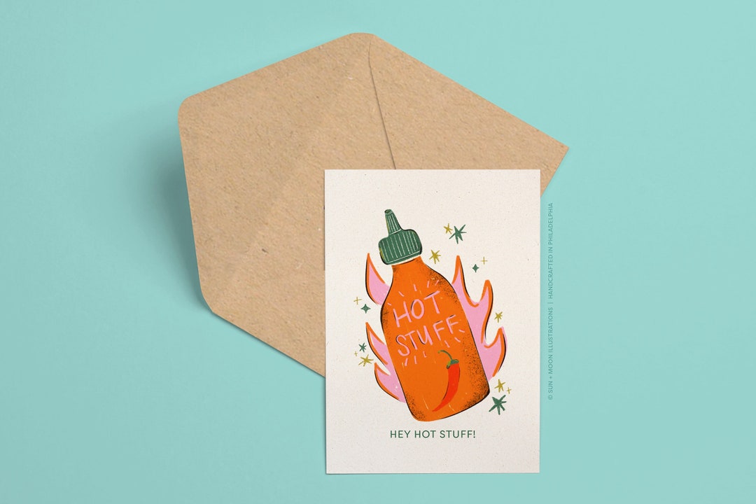 Hey Hot Stuff Hot Sauce Illustration Blank Folded Card Love Greeting ...