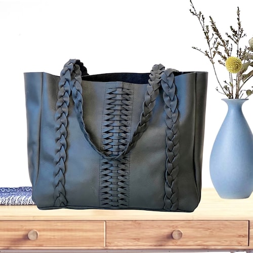 Extra LARGE Leather TOTE Bag With Pockets and ZIPPER / Black - Etsy