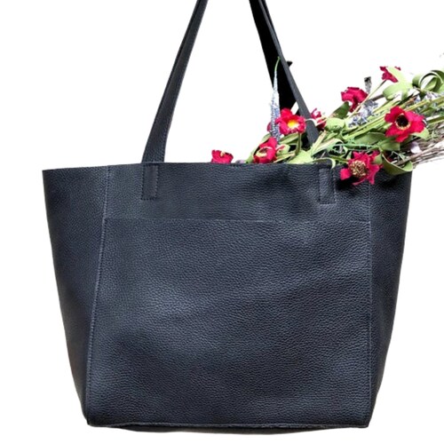 Extra LARGE Leather TOTE Bag With Pockets and ZIPPER / Black - Etsy