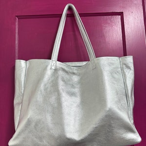 Extra Large Silver Leather Tote Bag: Handmade Oversized Work Bag - Etsy