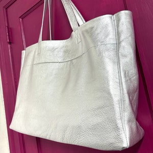 Extra Large Silver Leather Tote Bag: Handmade Oversized Work Bag - Etsy