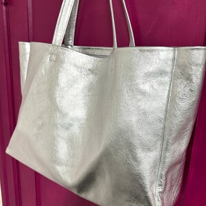 Extra Large Silver Leather Tote Bag: Handmade Oversized Work Bag - Etsy