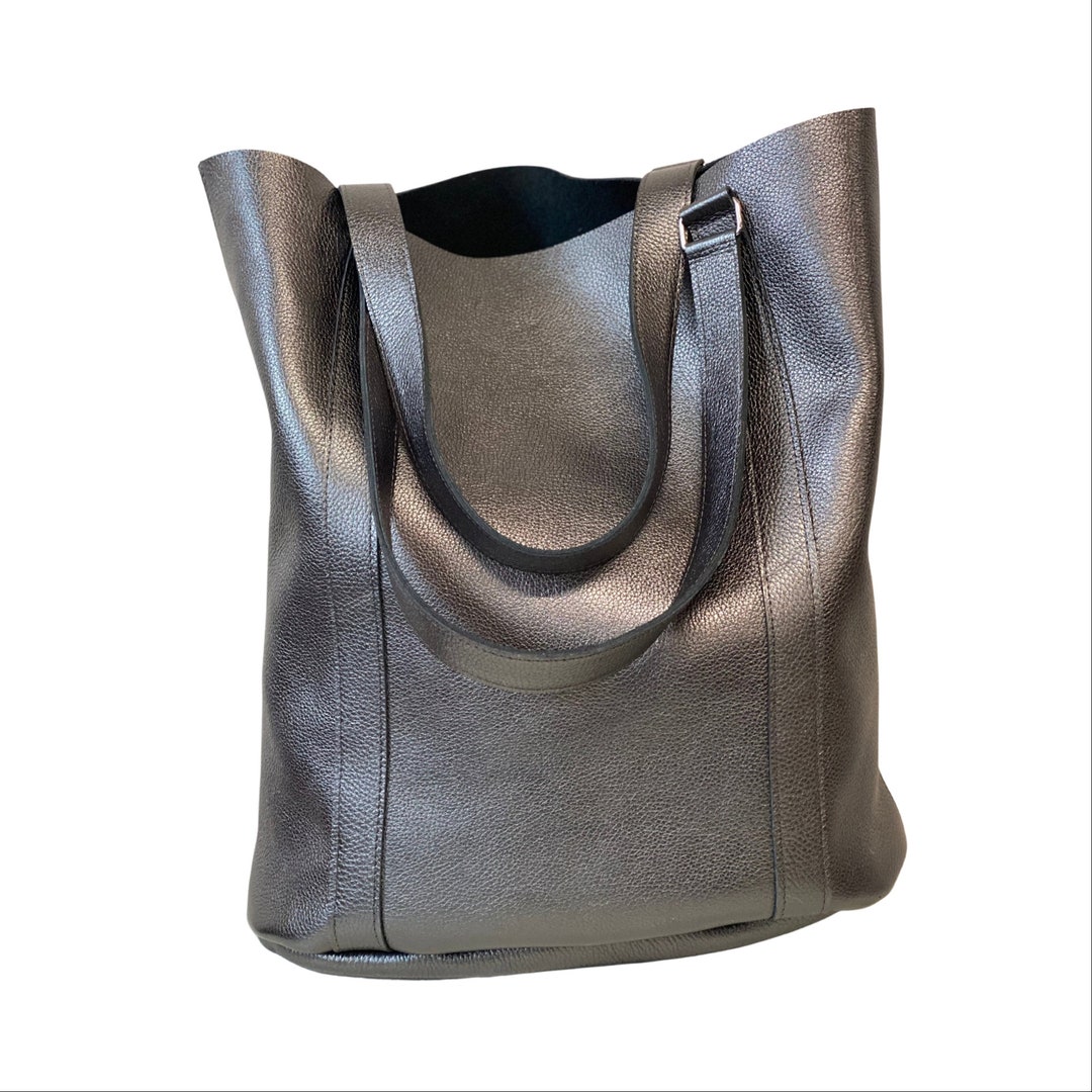 Large Metallic Gray Leather Tote Bag,tall Work and Travel Computer Bag ...
