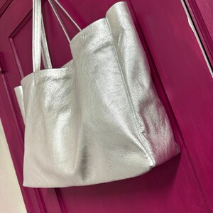 Extra Large Silver Leather Tote Bag: Handmade Oversized Work Bag - Etsy